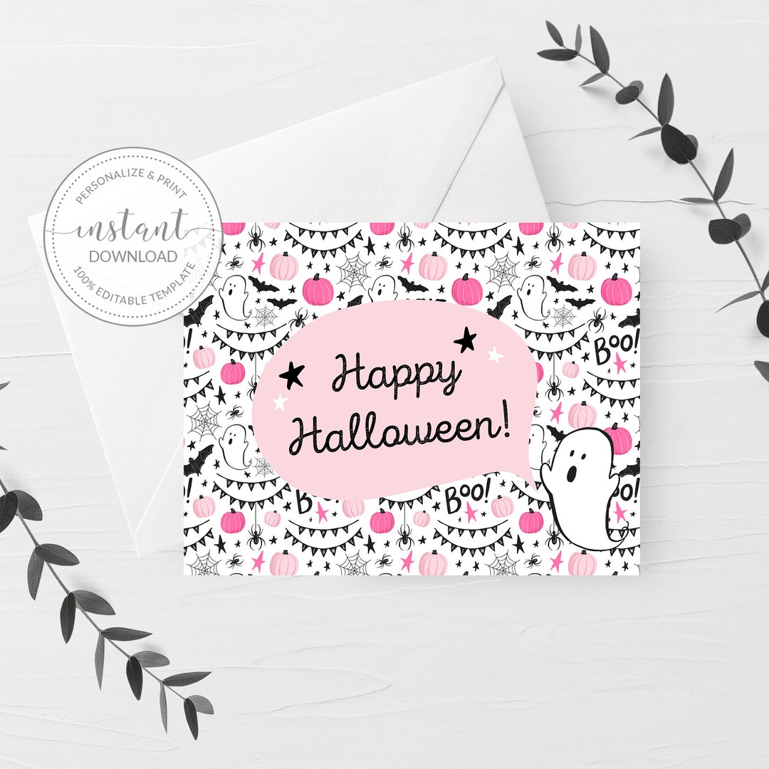 Halloween Card Printable, Happy Halloween Greeting Card Template, Cute ...