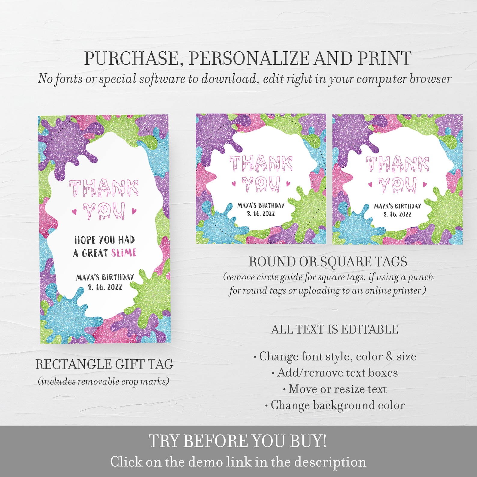 Slime Birthday Favor Tags Template Slime Party Favor Tags - Etsy