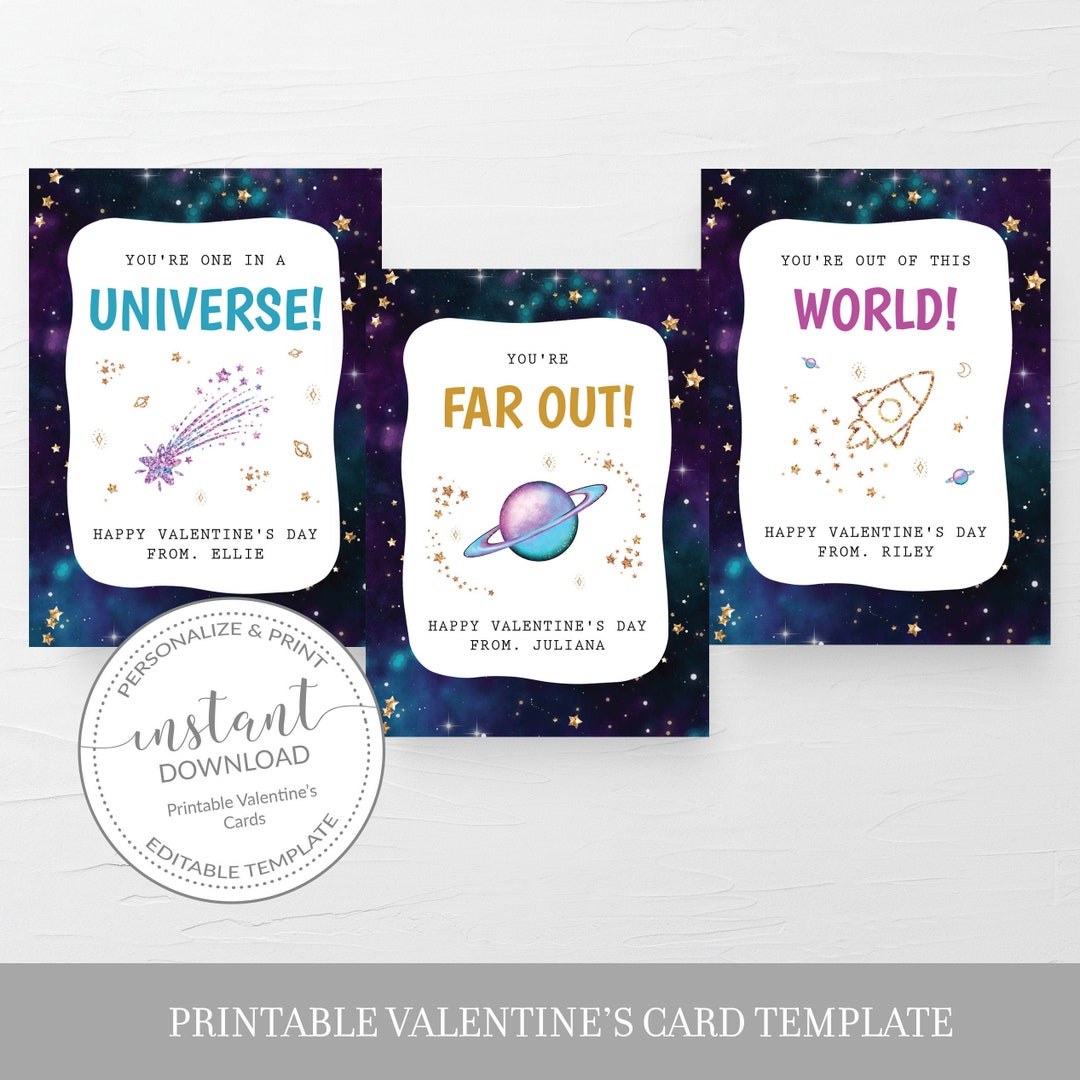 Outer Space Printable Valentine Cards for Kids, Galaxy Valentine Day ...