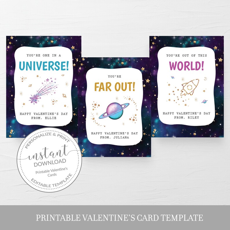Outer Space Printable Valentine Cards for Kids Galaxy | Etsy