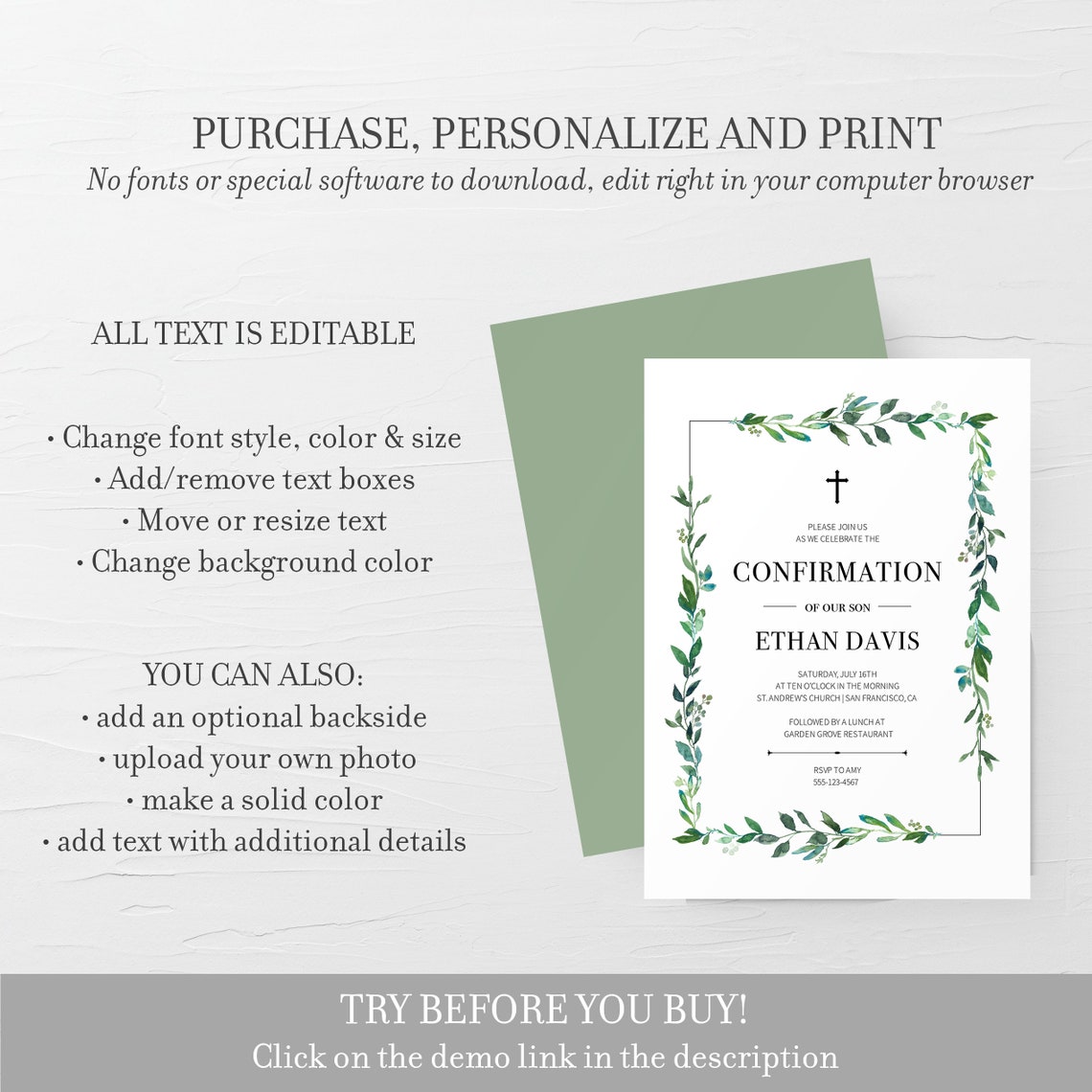 Greenery Confirmation Invitation Template Printable | Etsy
