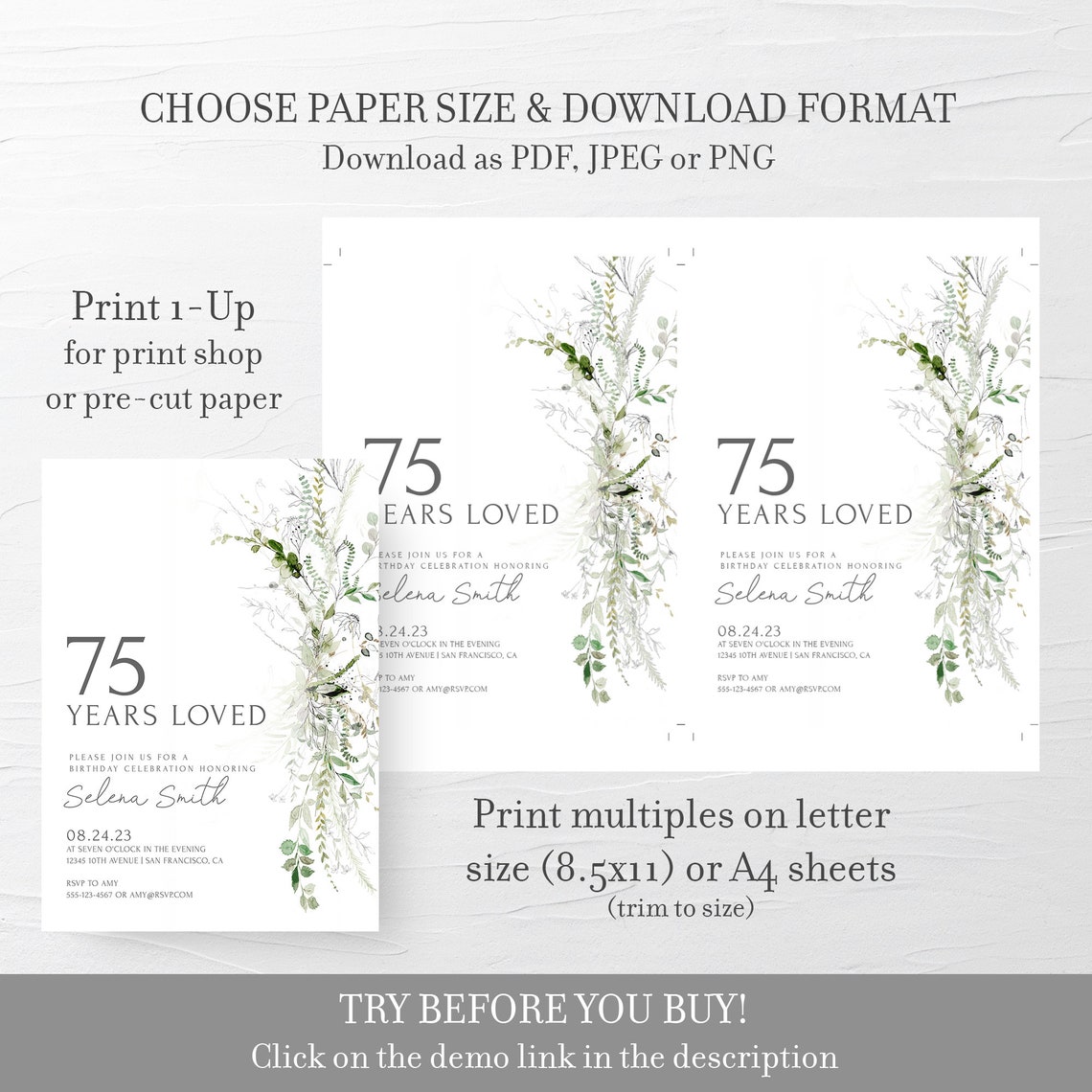 75th Birthday Invite Template Greenery 75th Birthday - Etsy