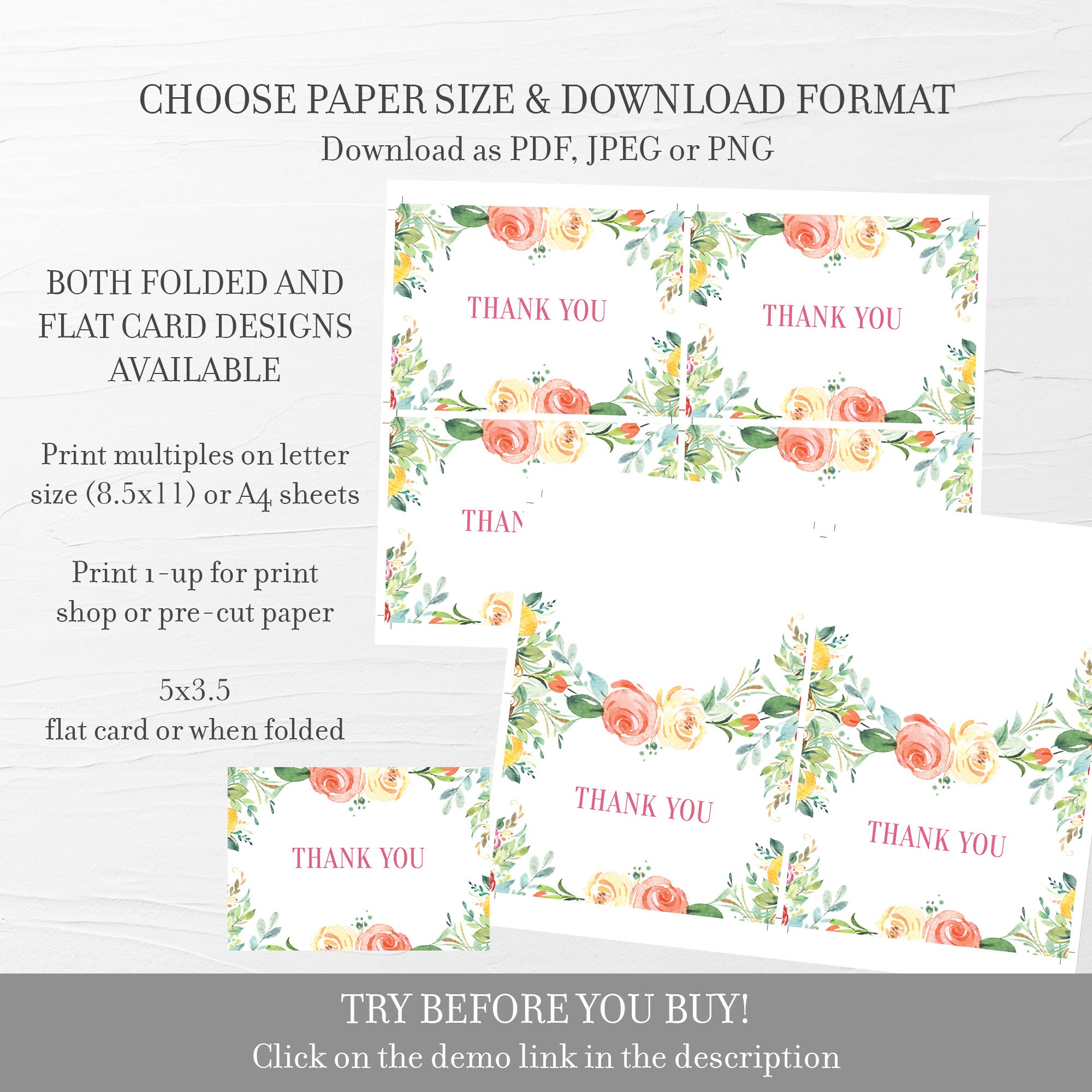 Printable Spring Thank You Card, Peach Floral Greeting Card Template ...