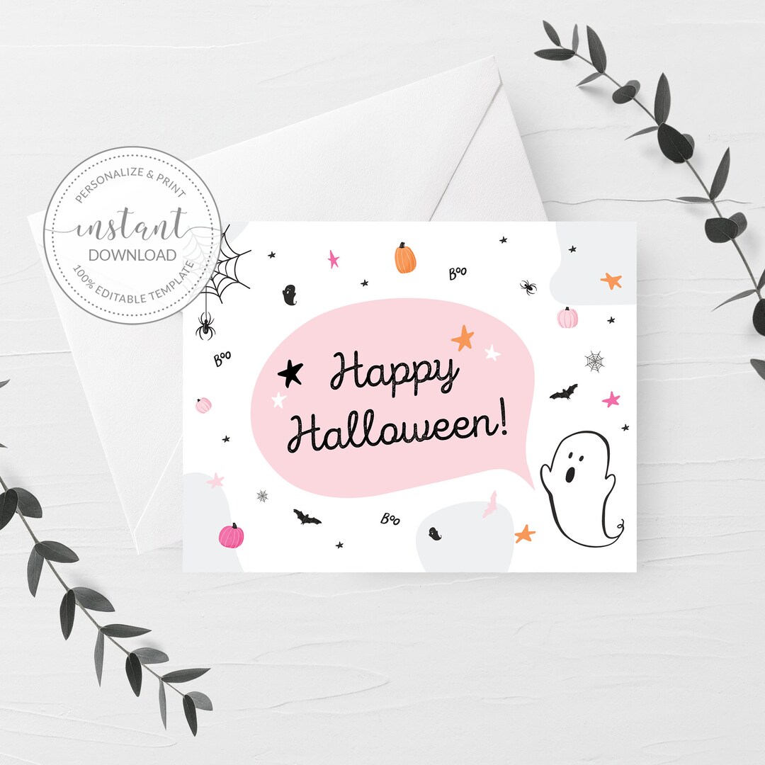 Halloween Card Printable, Happy Halloween Greeting Card Template, Cute ...