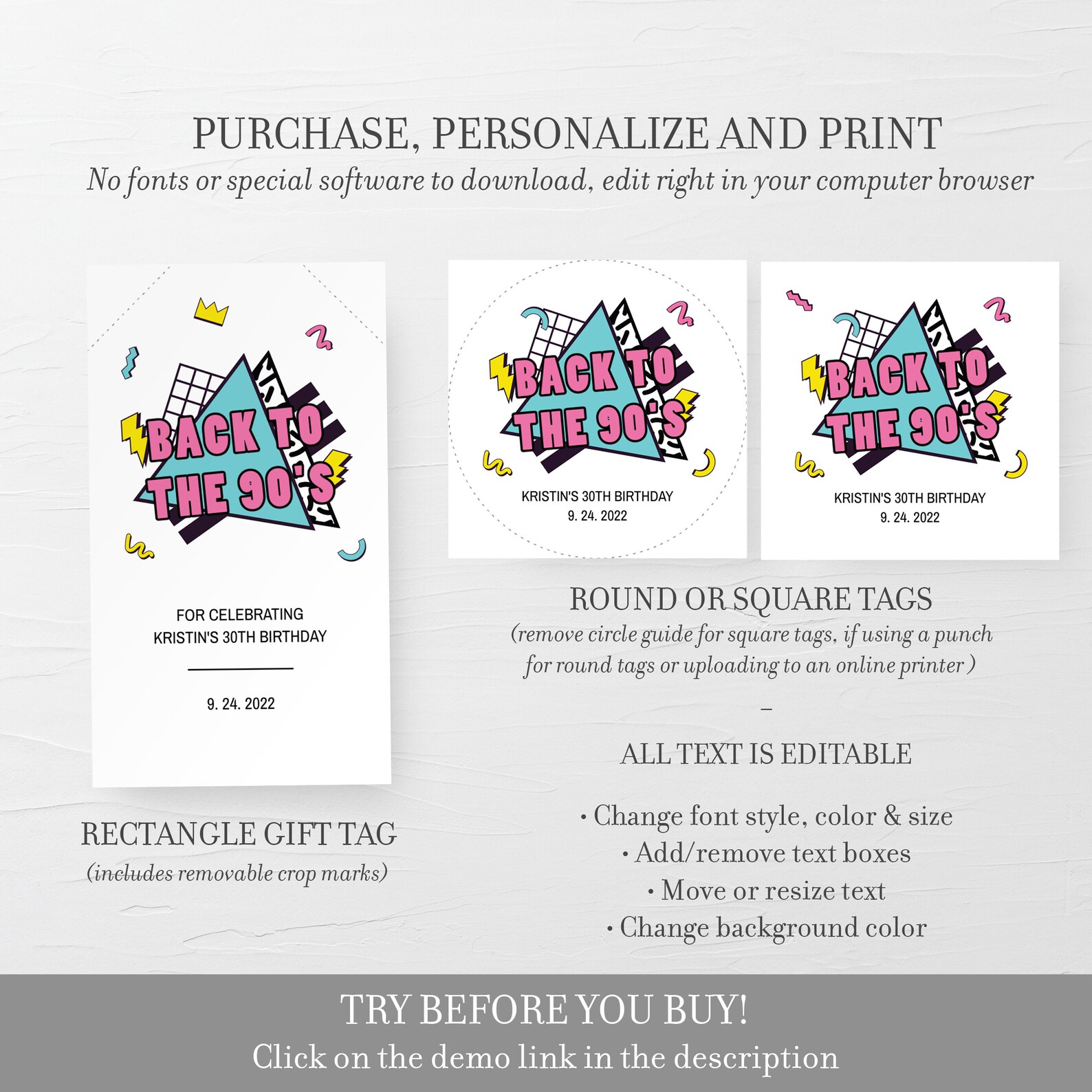 90s Party Favor Tags Printable 90s Party Decorations Back to - Etsy