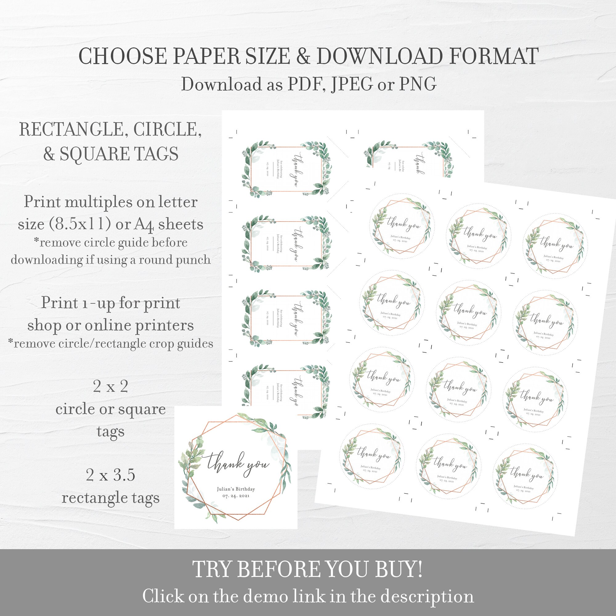 Greenery Favor Tags Printable Birthday Favor Tags Template | Etsy