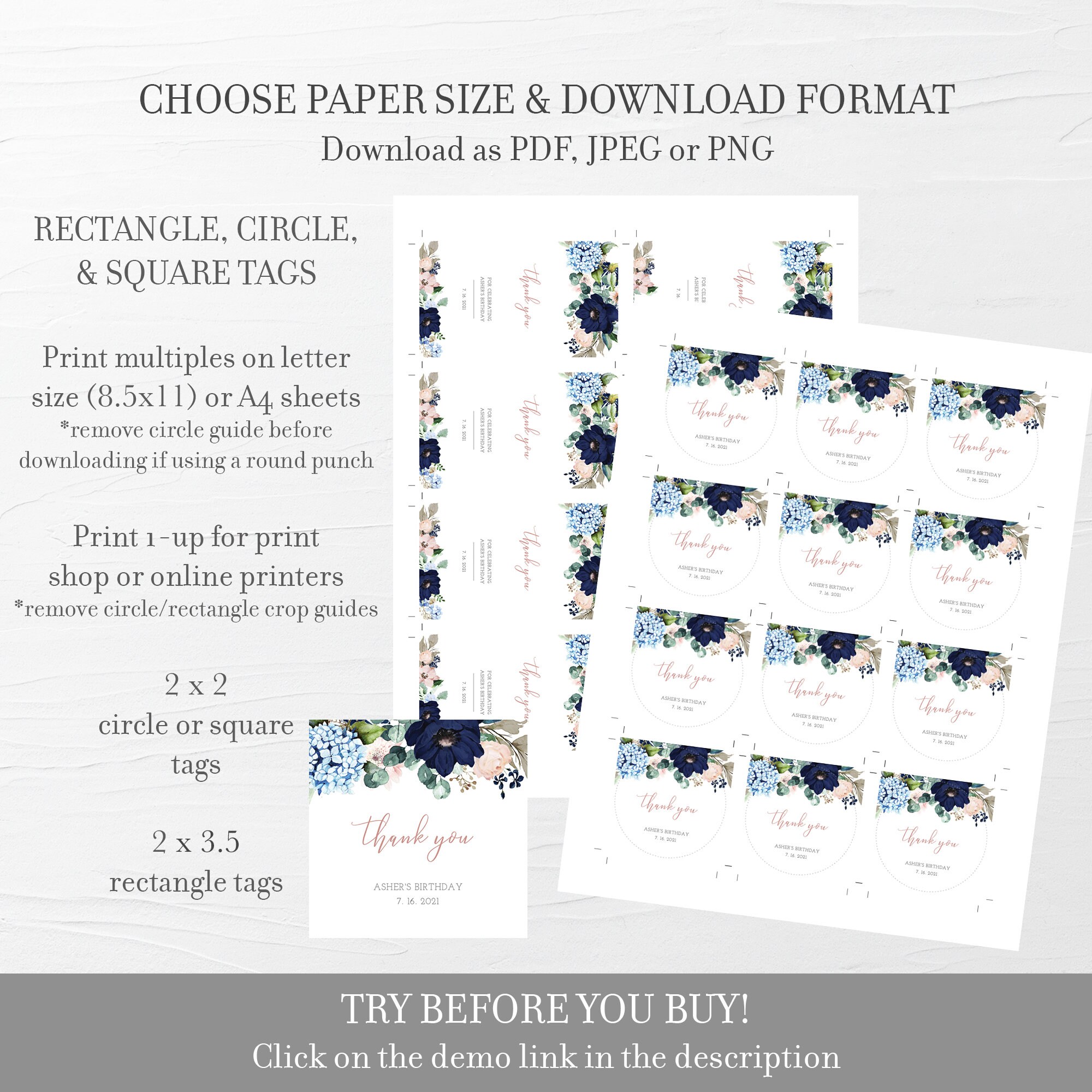 Navy and Blush Floral Favor Tags Printable Template Birthday | Etsy