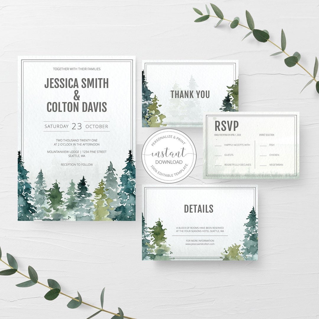 Woodland Wedding Invitation Template, Pine Tree Wedding Invitation ...