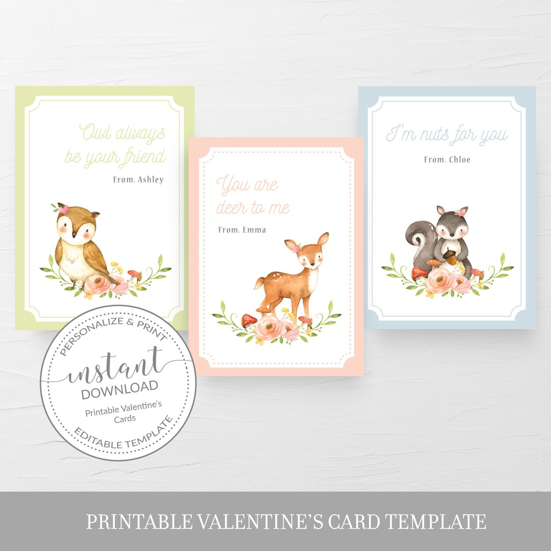 Woodland Printable Valentine Cards for Kids, Woodland Creatures ...