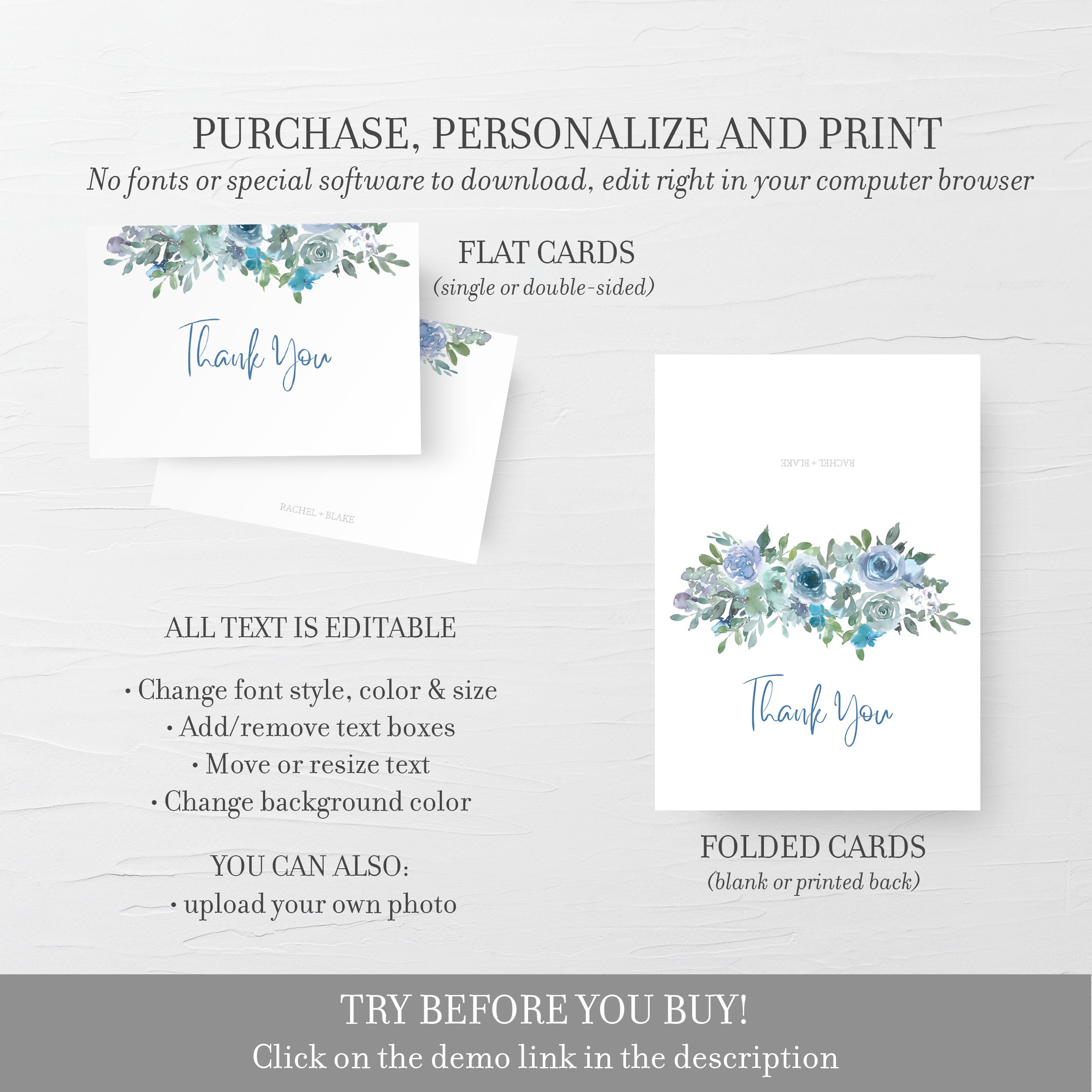 Blue Floral Thank You Card Printable Blue Floral Wedding | Etsy
