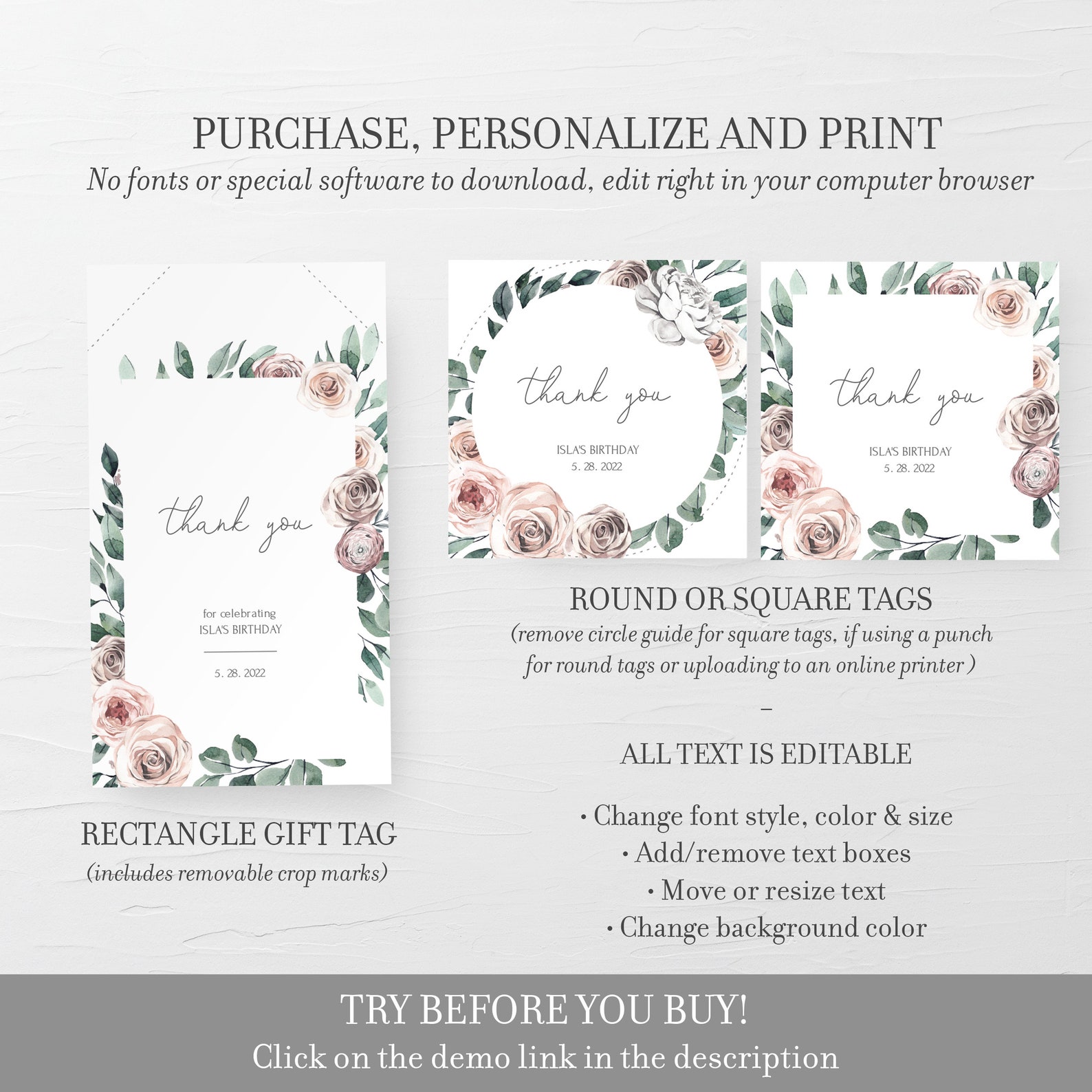 Printable Birthday Favor Tags, Boho Rose Favor Tag Template, Girl ...