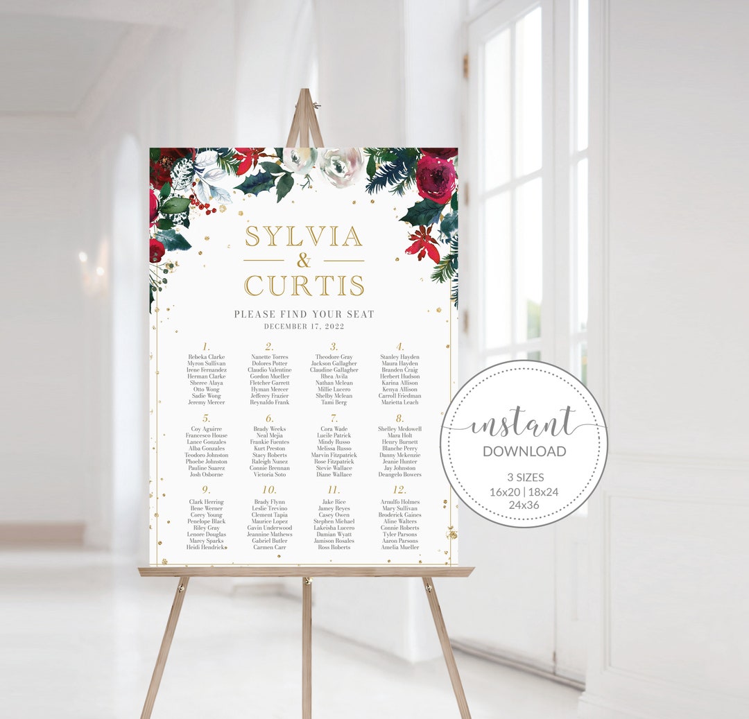Christmas Wedding Seating Chart Poster Template, Alphabetical Wedding ...