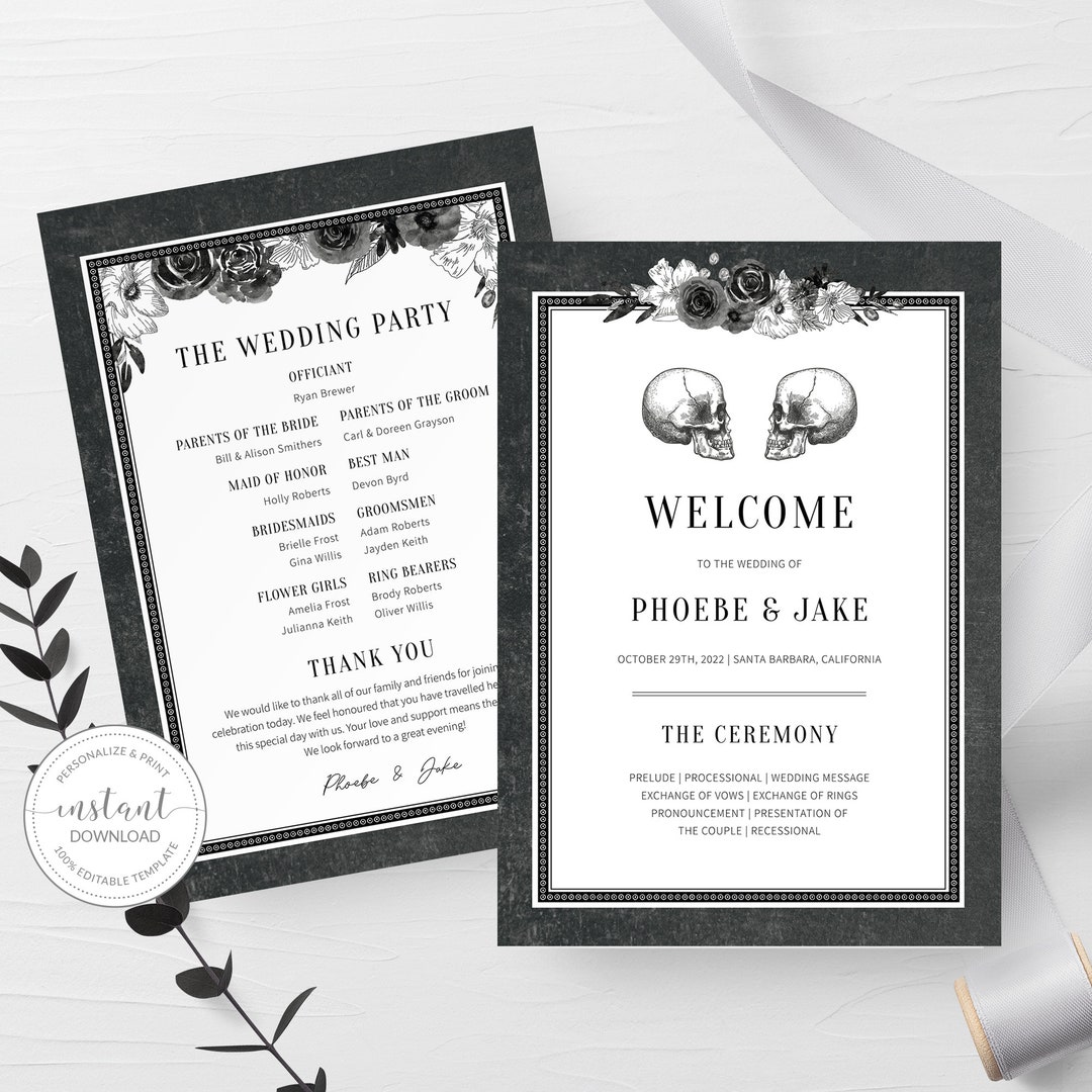Gothic Wedding Program Printable, Halloween Wedding Program Template ...