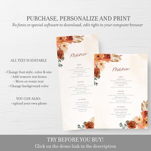 Fall Menu Template, Fall Wedding Menu Template, Wedding Menu Card, Editable Download, Editable ...
