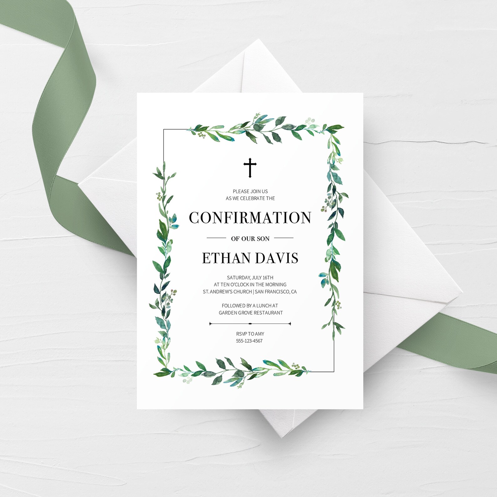 Greenery Confirmation Invitation Template, Printable Confirmation ...