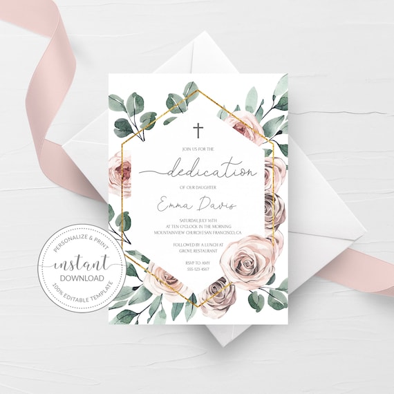 Boho Rose Dedication Invitation Girl Printable Baby | Etsy