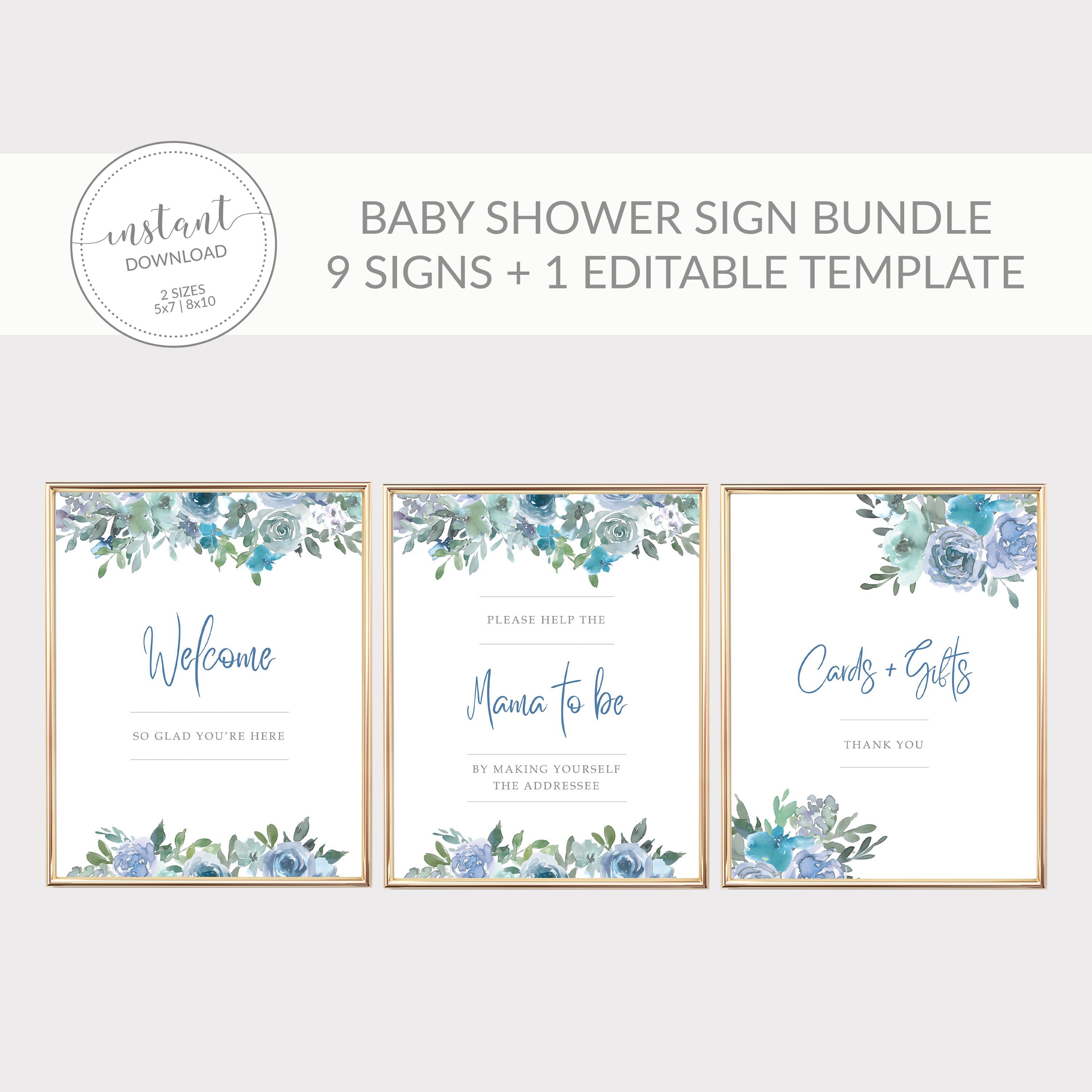 Blue Floral Printable Baby Shower Sign Bundle INSTANT | Etsy