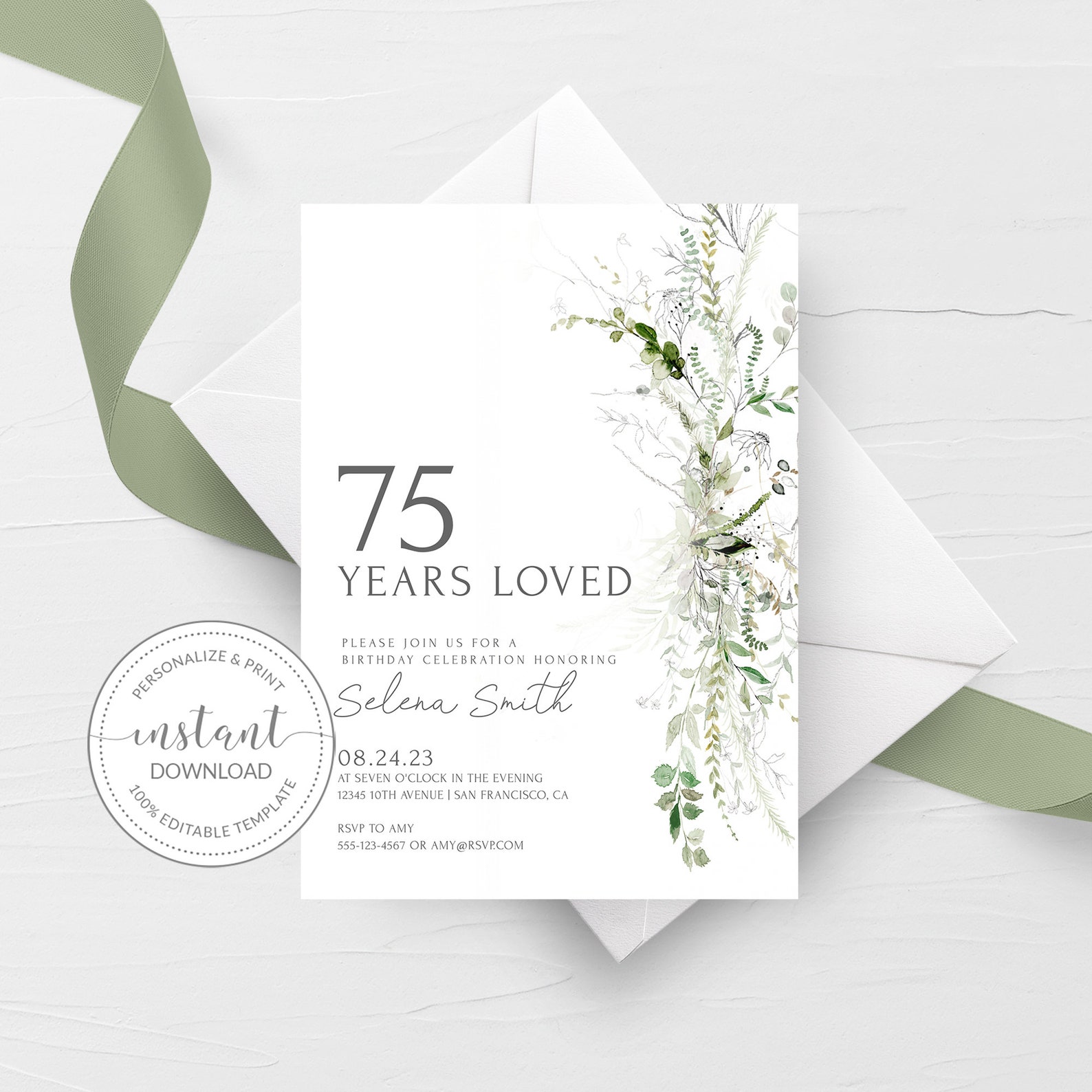 75th Birthday Invite Template, Greenery 75th Birthday Invitation, 75 ...