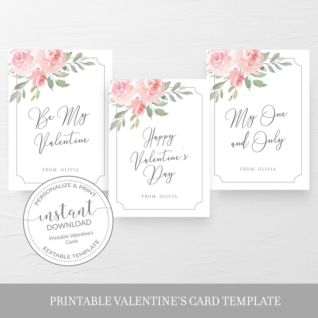 Printable Valentine Cards for Kids, Pink Floral Valentine Day Card ...