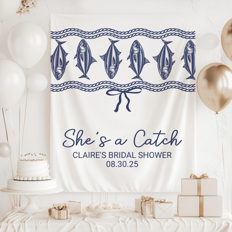 Shes a Catch Bridal Shower Backdrop, Coastal Bridal Shower Decorations ...