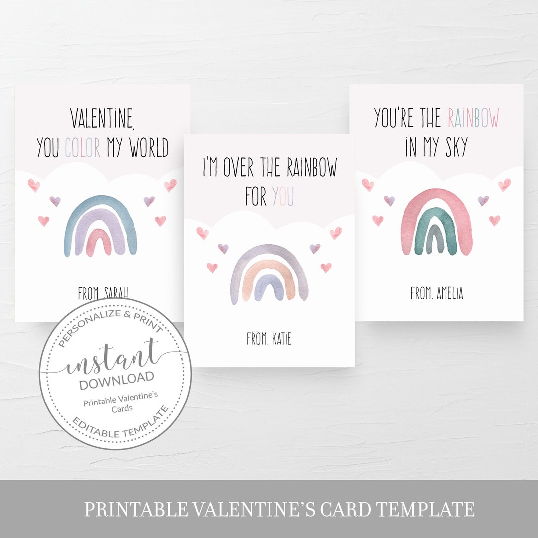 Pastel Rainbow Printable Valentine Cards for Kids, Rainbow Valentine ...