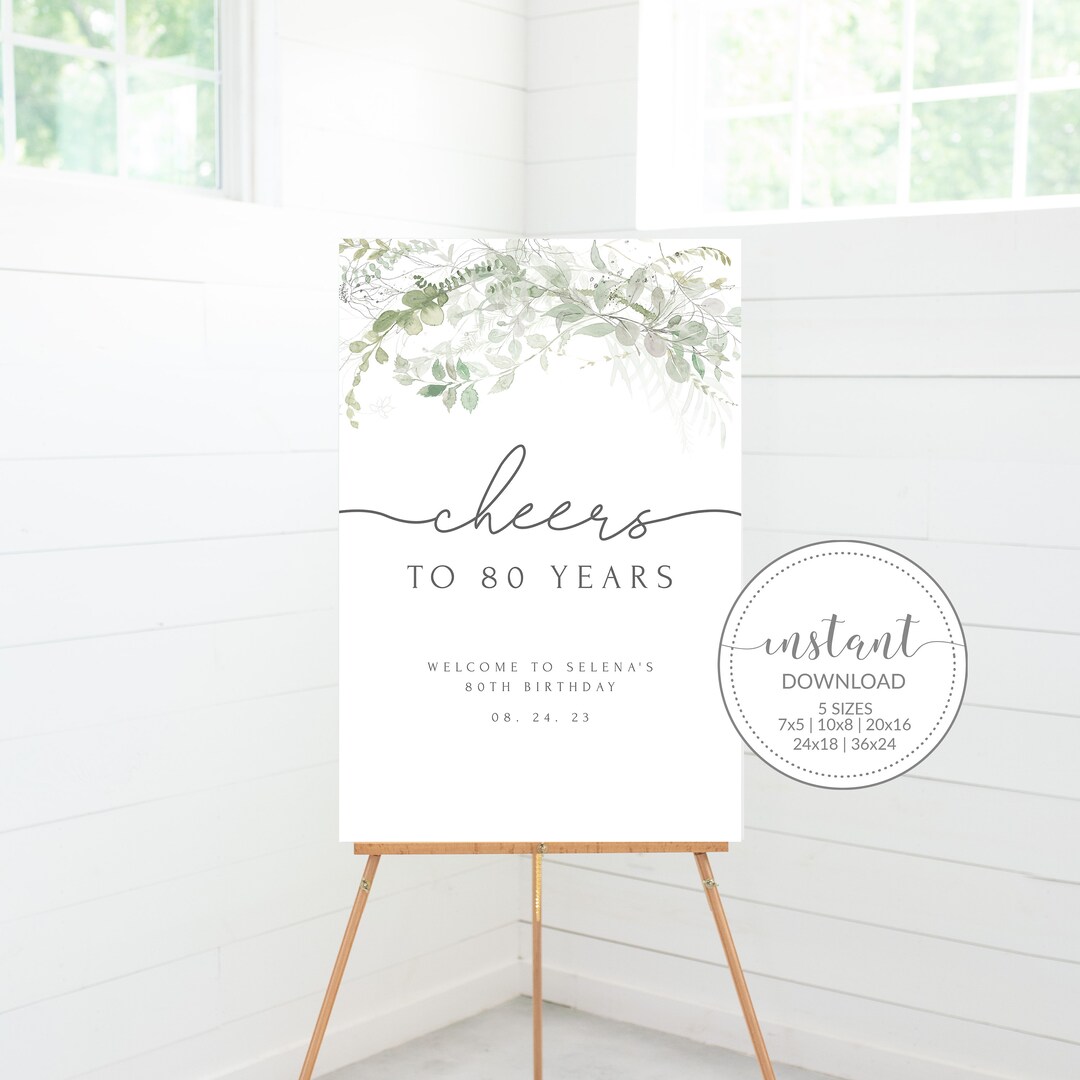 Greenery Birthday Welcome Sign Printable, 80th Birthday Party Sign ...