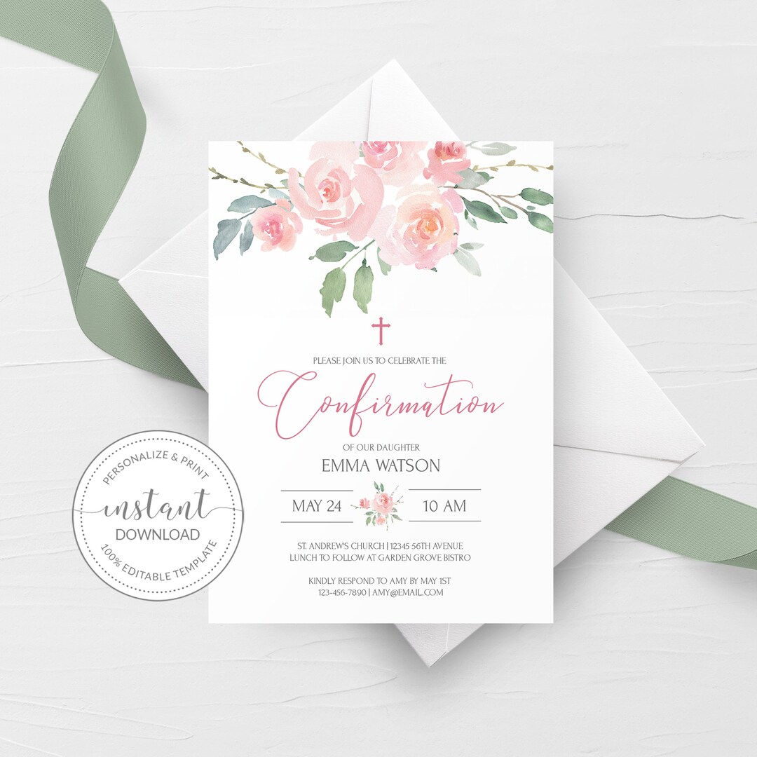 Pink Floral Confirmation Invitation Template, Printable Confirmation ...