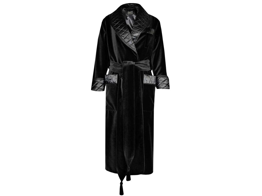 Women's Robe Warm Long Dressing Gown Black Cotton Velvet Quilted Satin ...