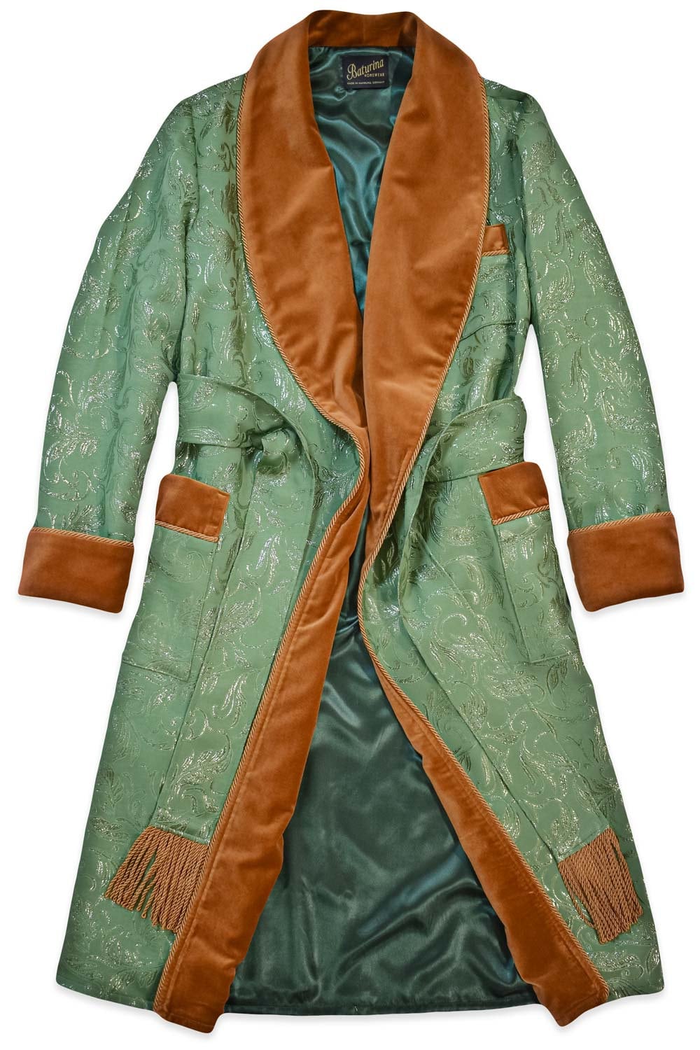 Mens Dressing Gown Green Floral Brocade Dark Orange Velvet Gentlemans ...