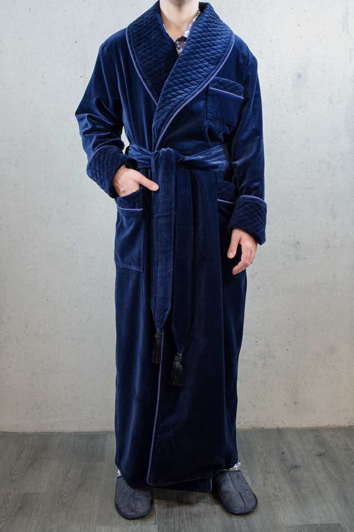Dark Blue Velvet Men's Robe Quilted Dressing Gown Luxury - Etsy