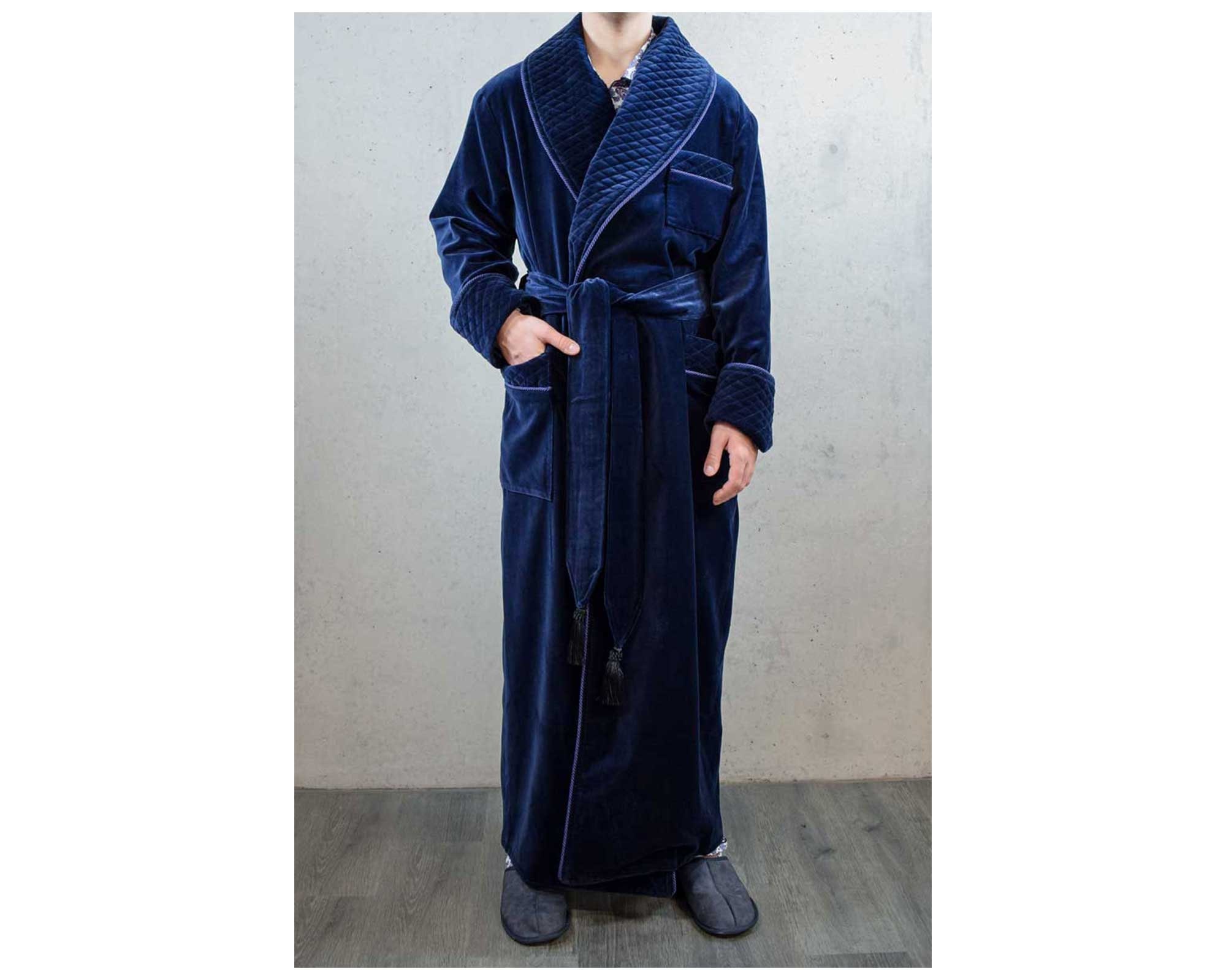 Dark Blue Velvet Men's Robe Quilted Dressing Gown Luxury Gentleman ...