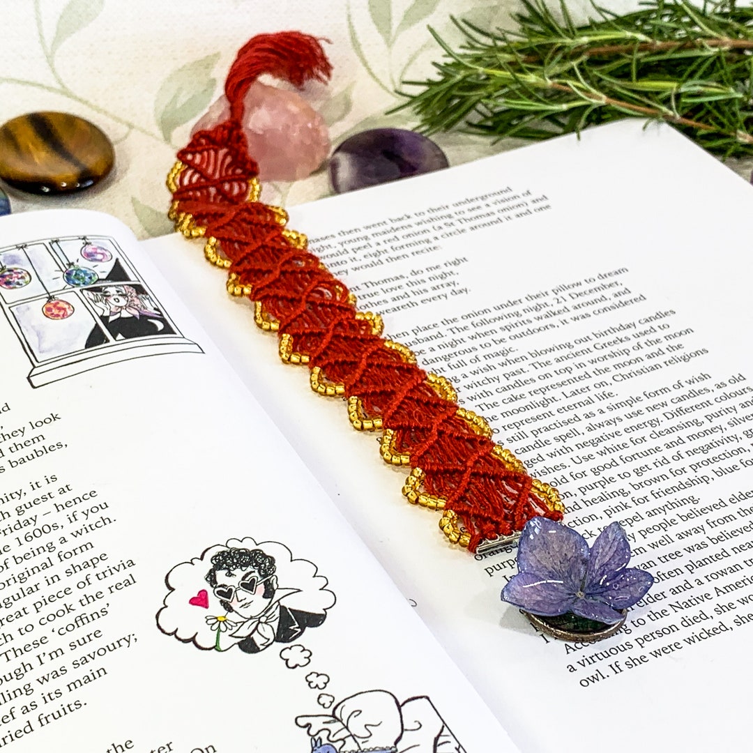 Macrame Bookmark, With Blue Hydrangea Charm and Gold Seed Beads in ...