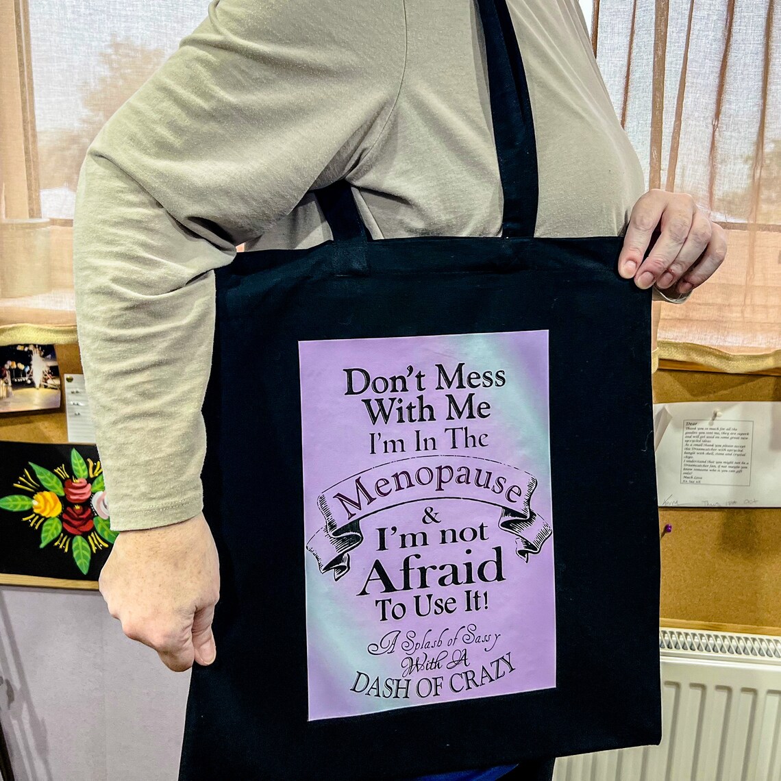 Fun Menopause Warning Tote Bags in Two Designs Available in Black or ...
