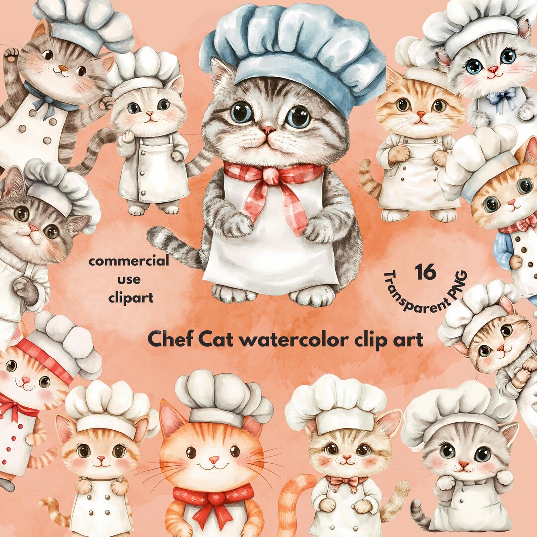Cat Digital Clipart, Watercolor Cat Chef Clipart, Animals Clipart ...