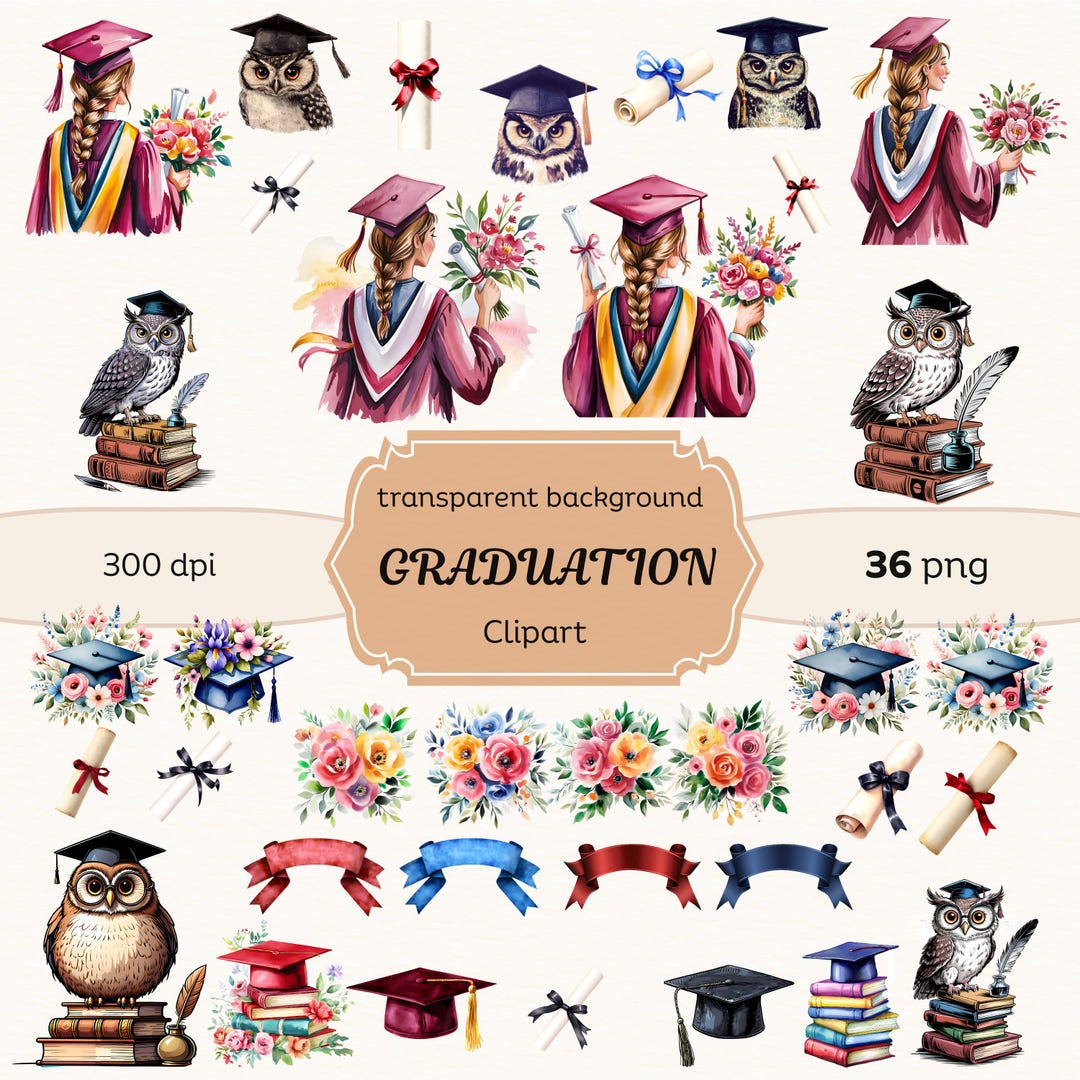 Graduation Clipart PNG Bundle – Cute Owls, Scrolls With Ribbons, Girls ...