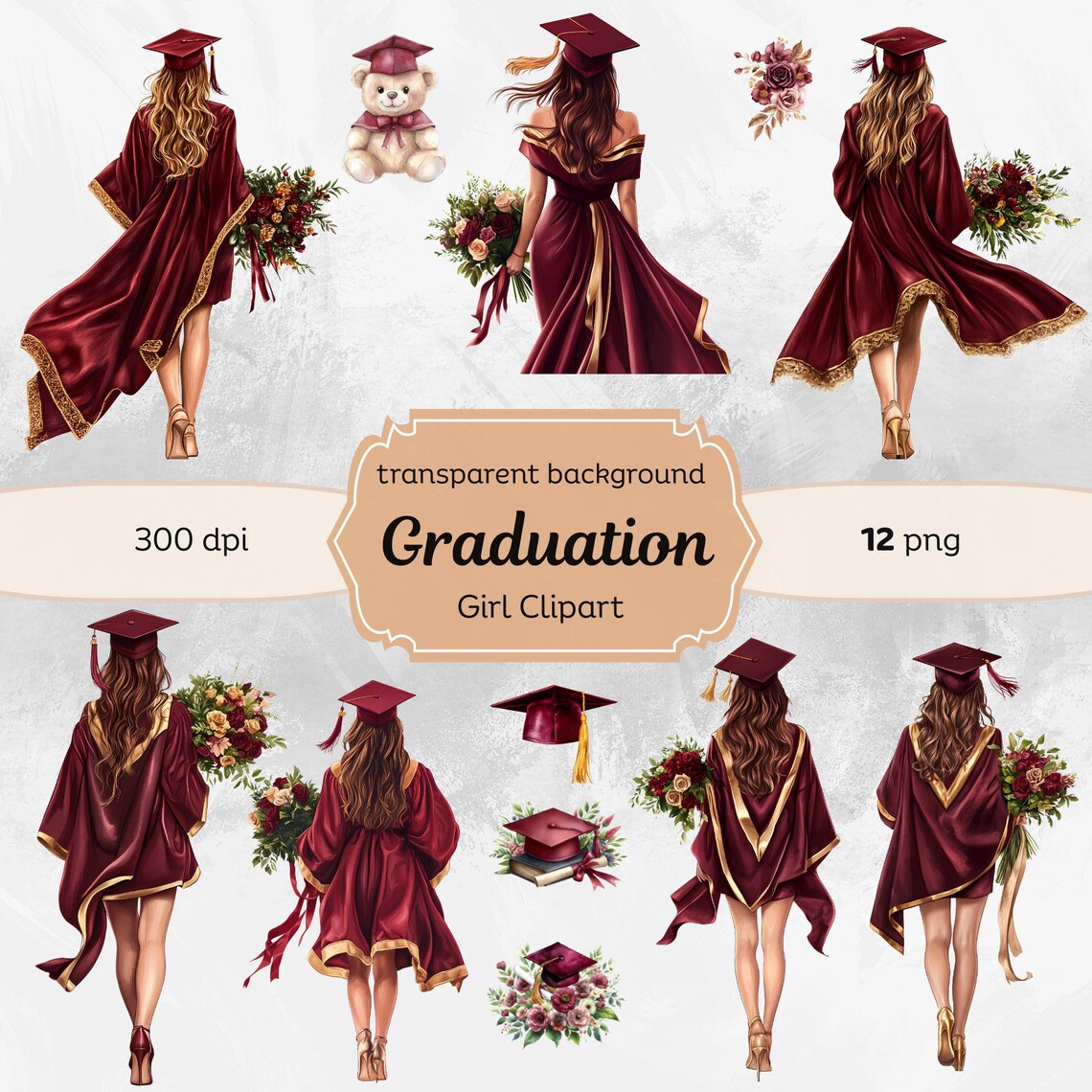 Watercolor Woman Burgundy, Graduation Cap, Alumni Clipart, Hat, Rosses ...