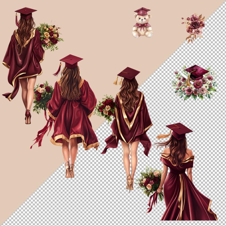 Watercolor Woman Burgundy, Graduation Cap, Alumni Clipart, Hat, Rosses ...