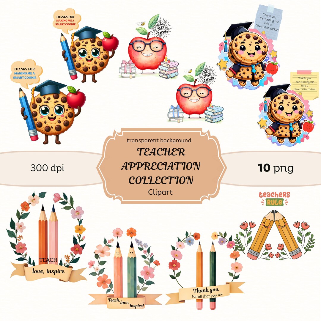 Teacher Appreciation Collection Clipart, Cute Cookies, Apples & Pencils ...