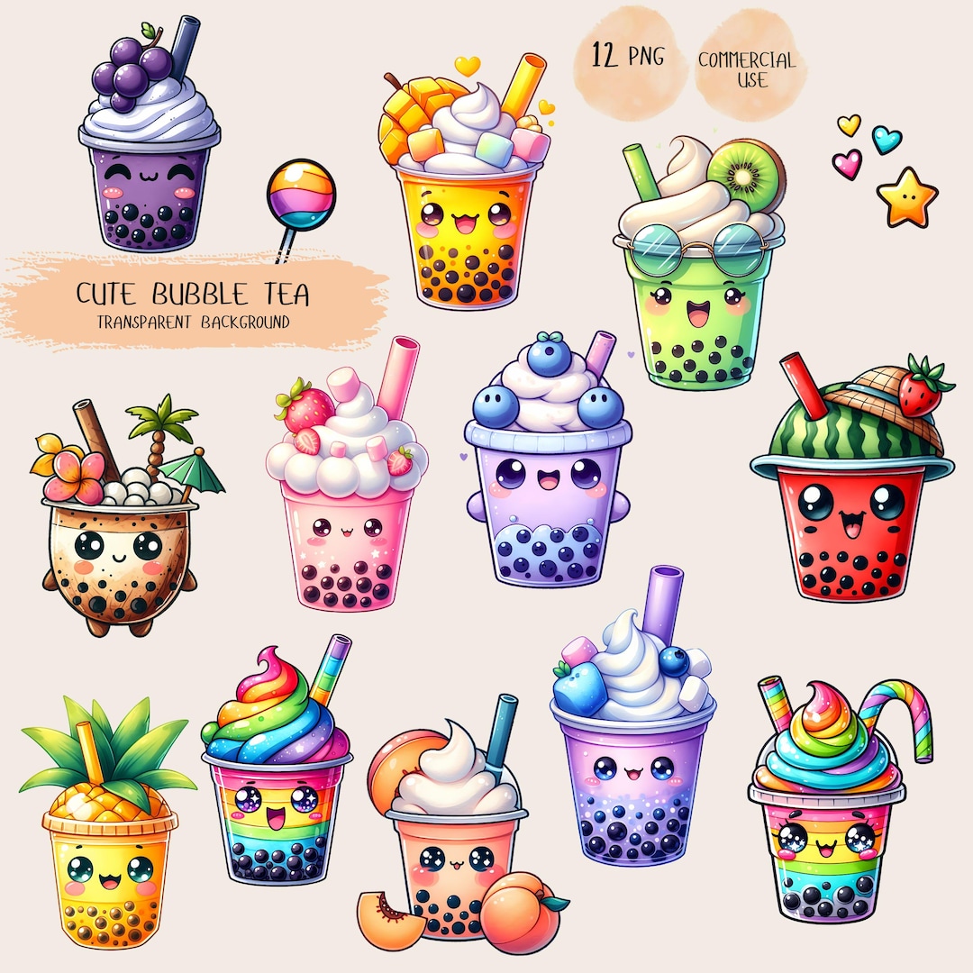 Summer Bubble Tea Clipart, Boba Tea PNG Bundle, Kawaii Cartoon Bubble ...