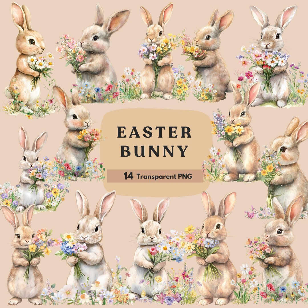 14 Easter Rabbit, Bunny Digital Clipart, Easter, Spring, Sublimation ...