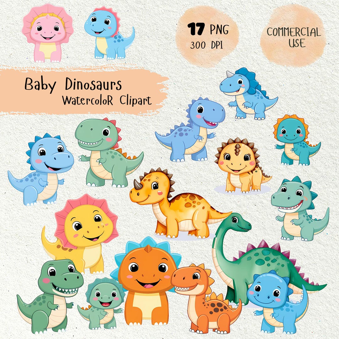 17 Dinosaur Clipart, Cute Dinos Clipart, Scrapbook Printable Commercial ...