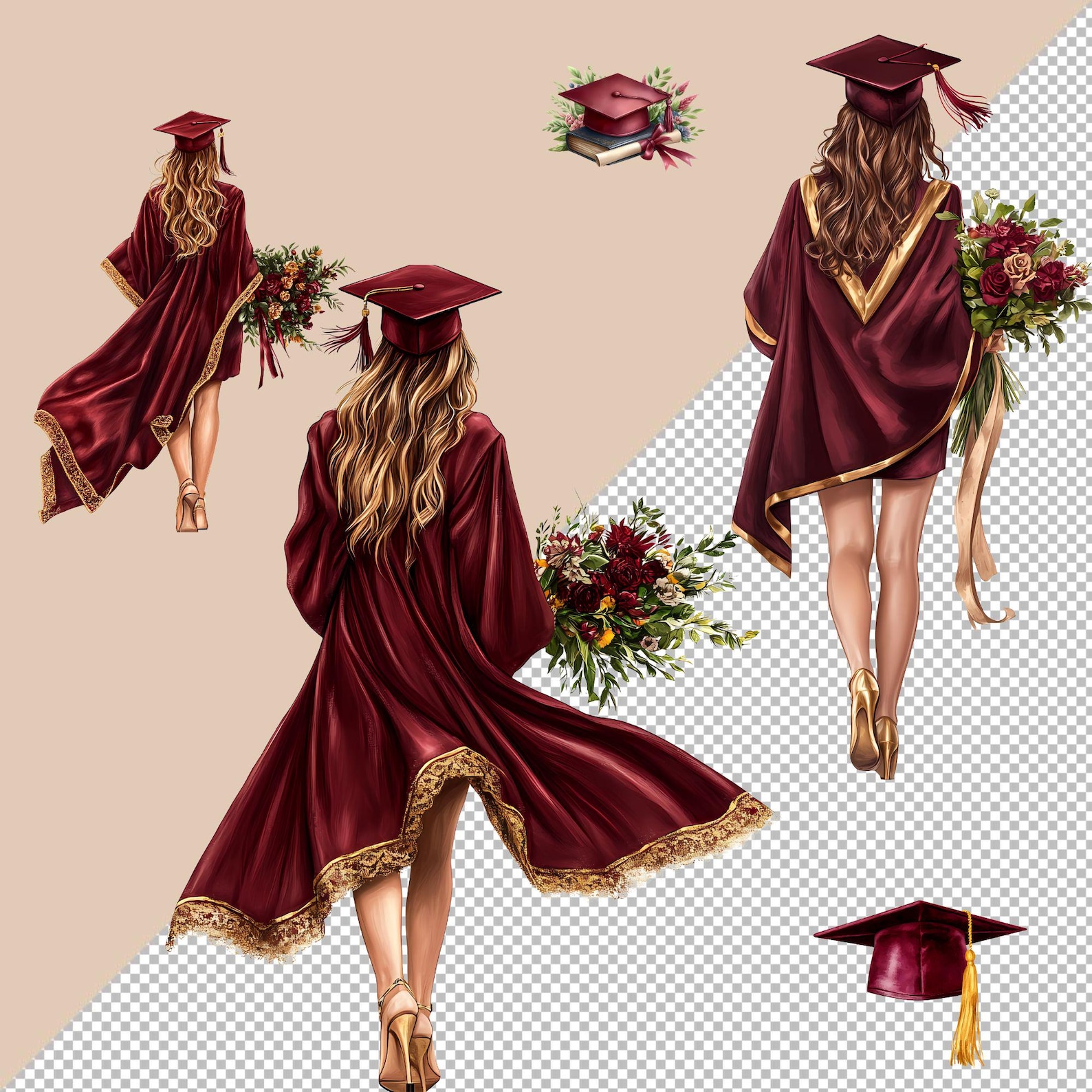 Watercolor Woman Burgundy, Graduation Cap, Alumni Clipart, Hat, Rosses ...