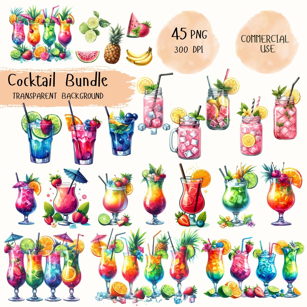 Summer Cocktail Clipart Bundle – Tropical Drinks, Colorful Fruit ...