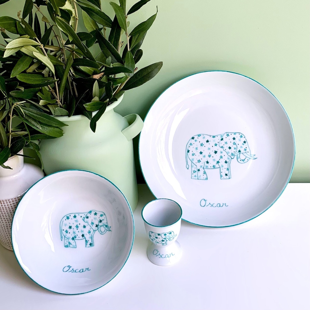Personalized Pink Elephant and Stars Baby Dinnerware Set Plate and Egg ...