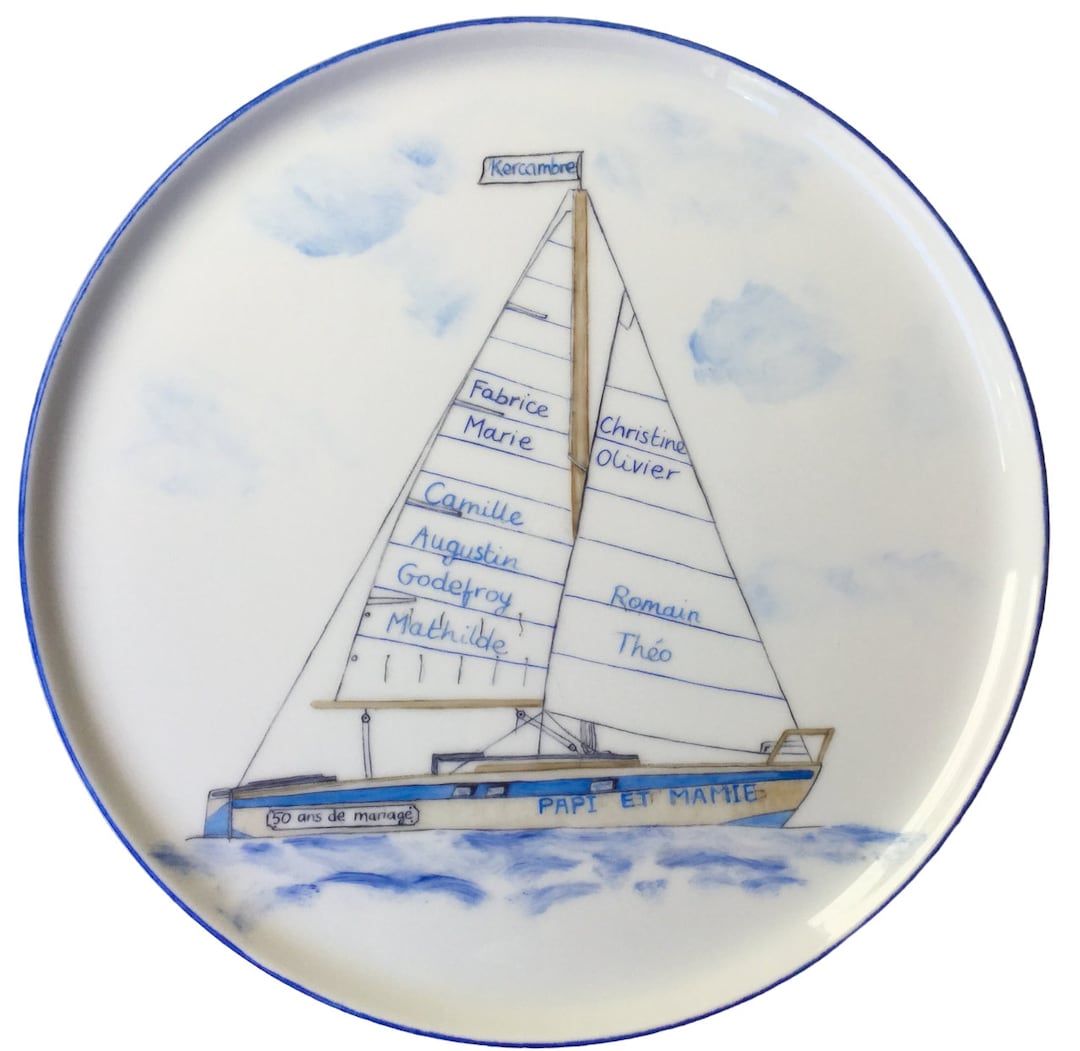 Personalized Porcelain Pie Plate Sailing Boat, Hand Painted Wedding ...