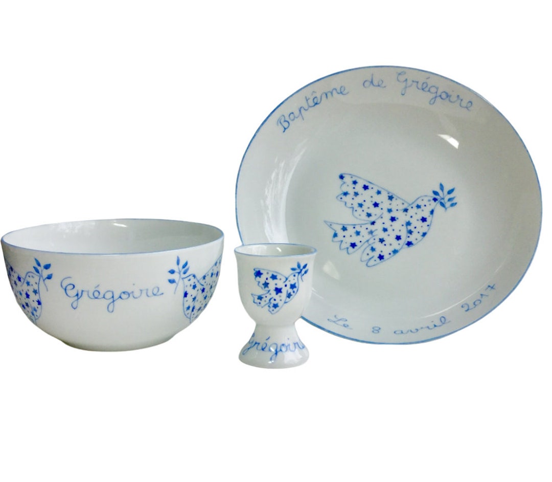 Personalized Baptism Tableware Set Dove Stars Blue 3 Items, Hand ...