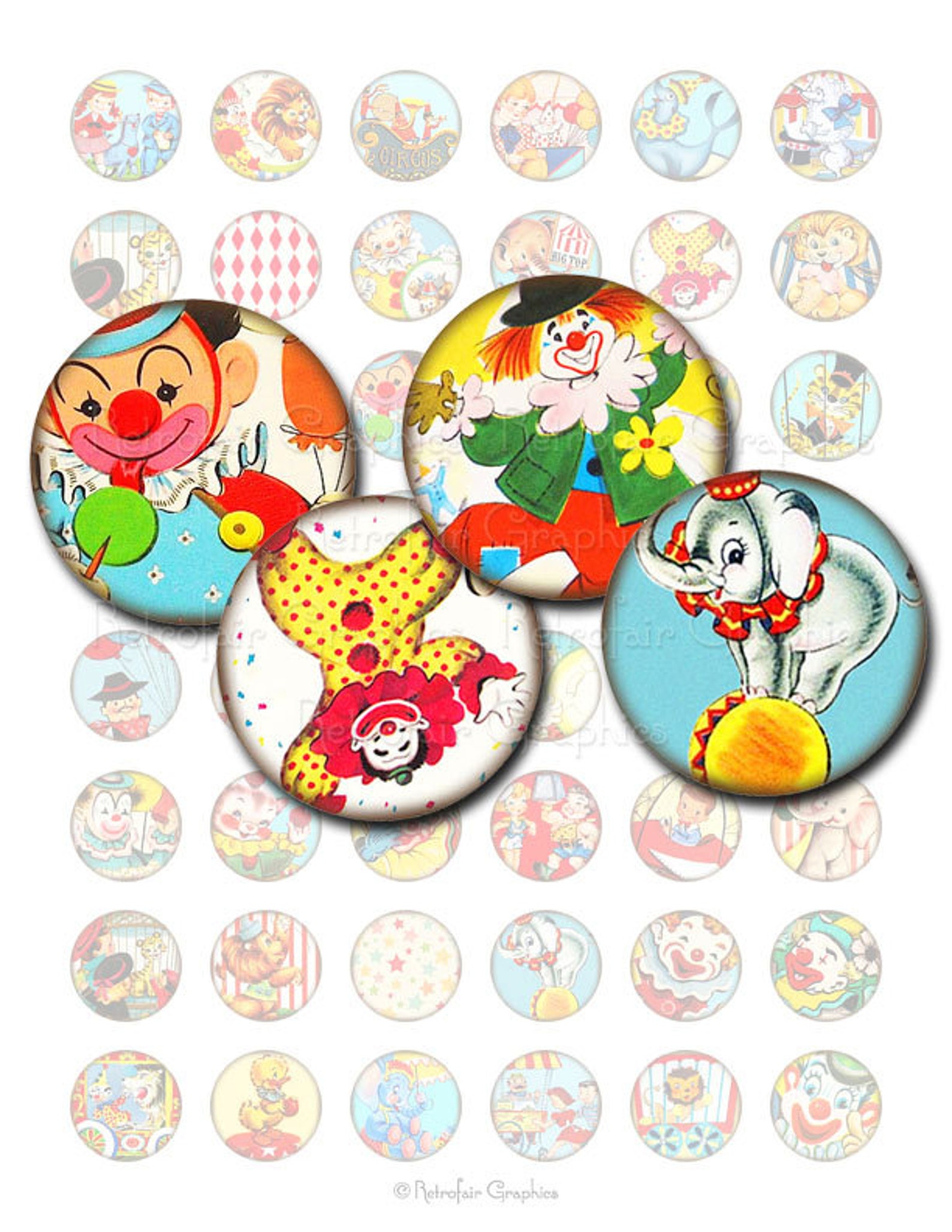 Circus Carnival Images, 1 Inch Circle Digital Collage Sheet of Retro ...