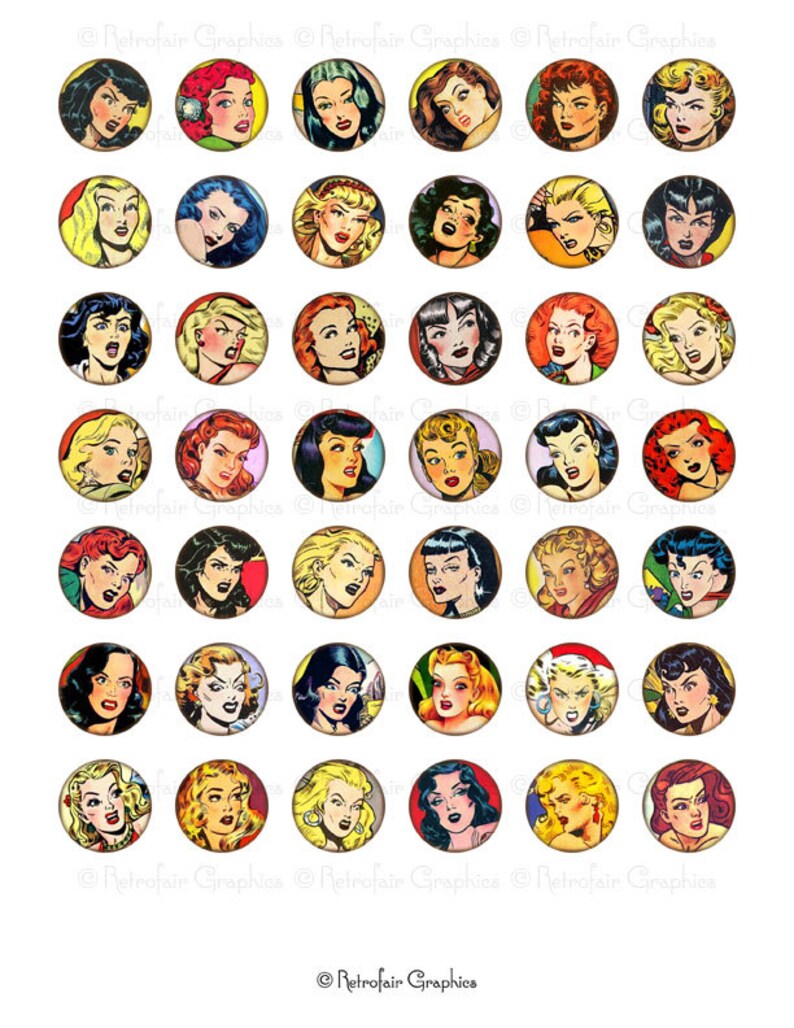 Instant Download, Vintage Comic Book Girls Avatars, 1 Inch Circle ...