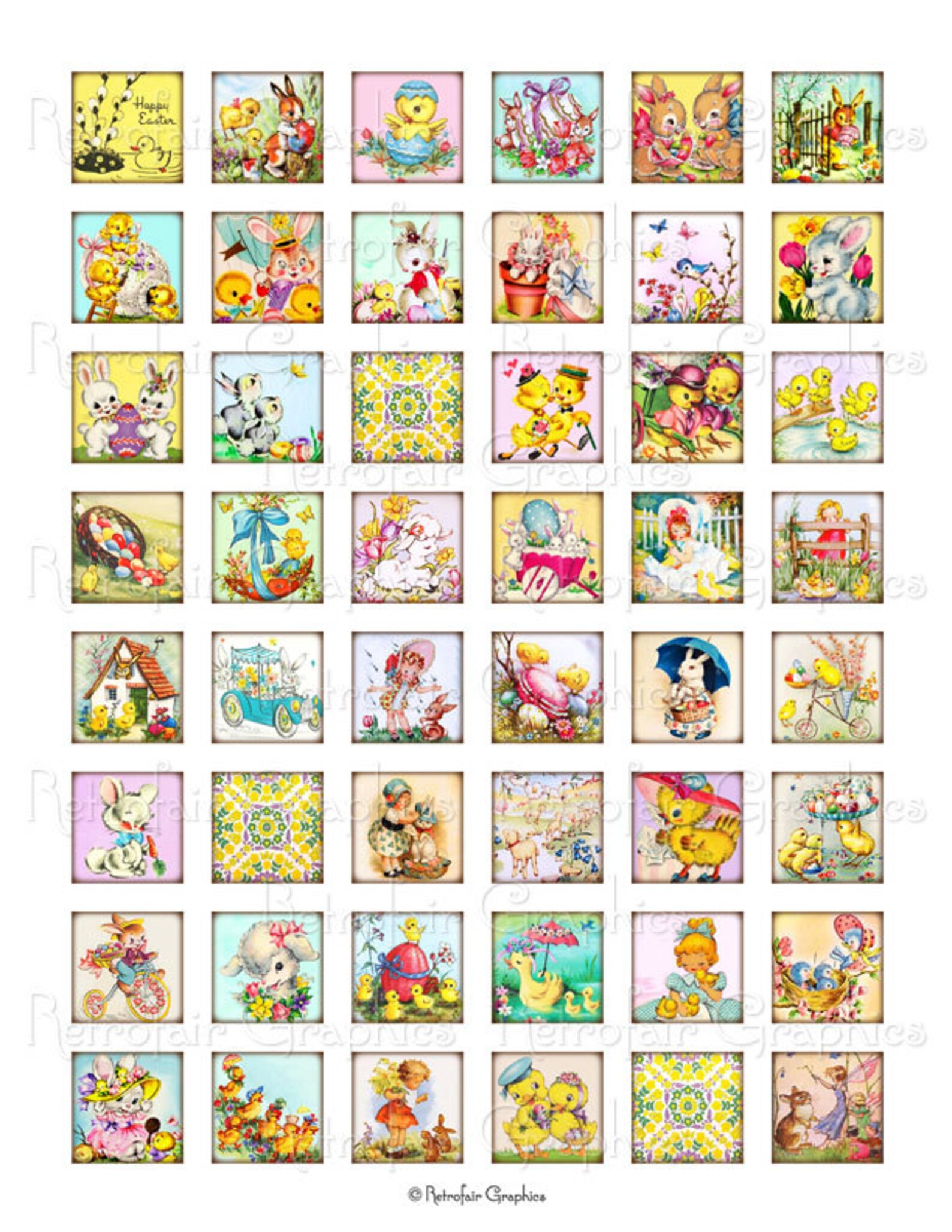 Vintage Easter Squares, Digital Collage Sheet of One Inch Squares ...