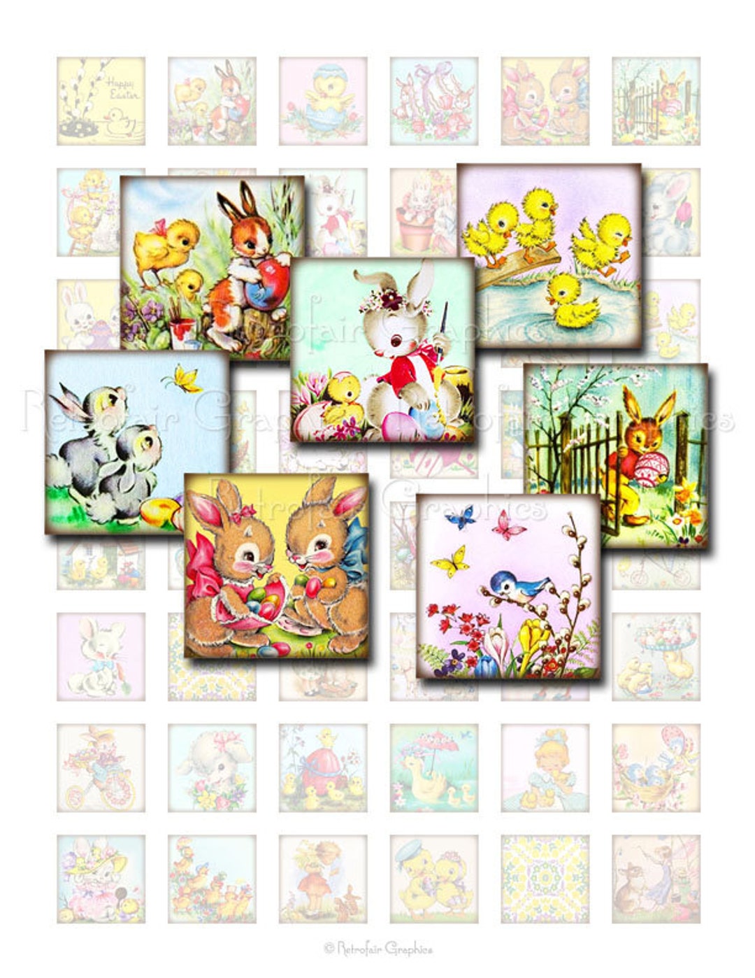 Vintage Easter Squares, Digital Collage Sheet of One Inch Squares ...